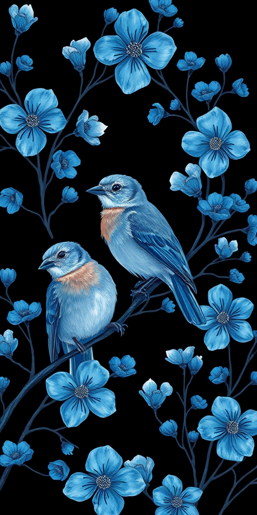 Two Beautiful Blue Birds Surrounded by Vibrant Blue Flowers on Black ...