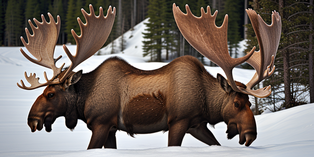 Two Majestic Moose Walking Together in a Snowy Forest Landscape.