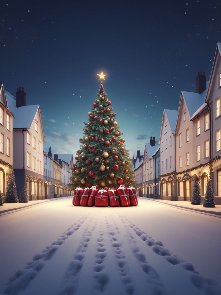 Enchanting Winter Scene Featuring a Grand Christmas Tree Surrounded by ...