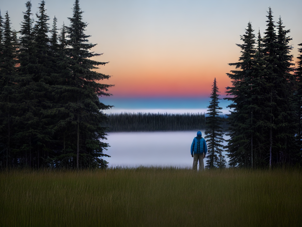 looking towards a tree line in Alaska, dusk, slightly foggy, a bigfoot ...
