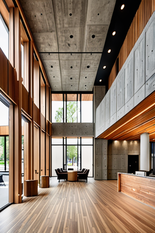 Interior renders of a lobby of an arts performance center with concrete ...