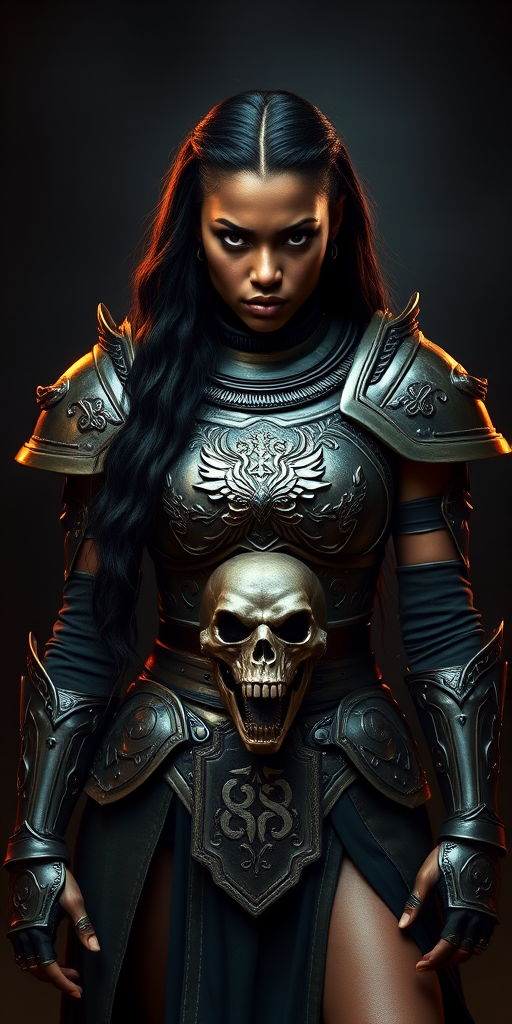 Warrior in Dark Armor Stands Strong with a Skull Emblem