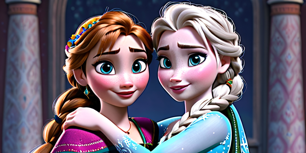 Anna and Elsa frozen in saree together hugs look Disney 3D hugs