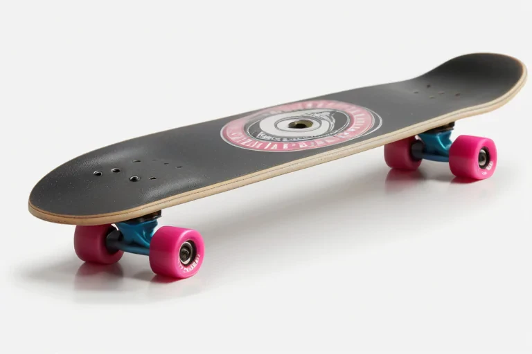 Colorful Skateboard with Pink Wheels and Unique Graphic Design on Deck
