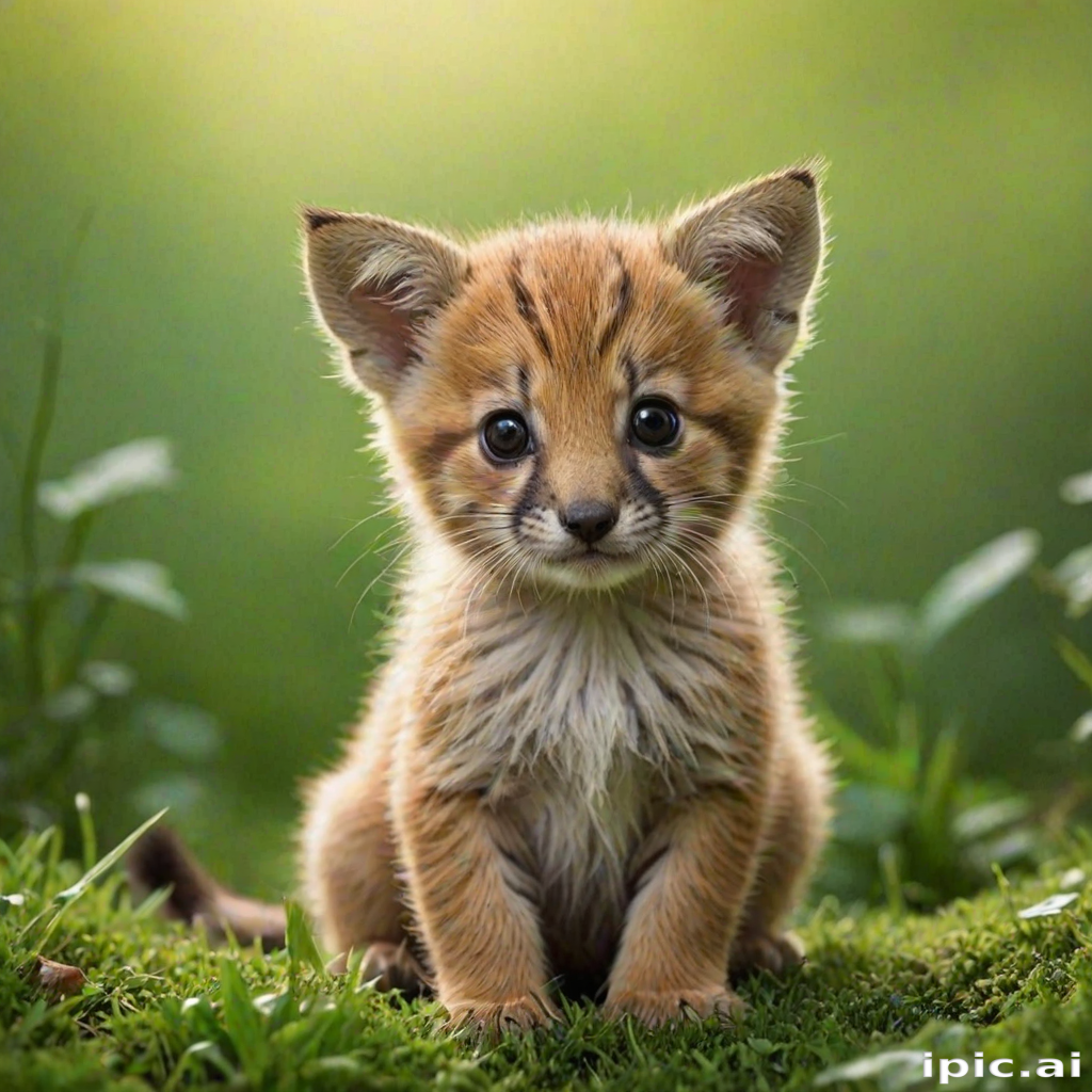 Adorable Young Lynx Sitting on Lush Green Grass in Nature