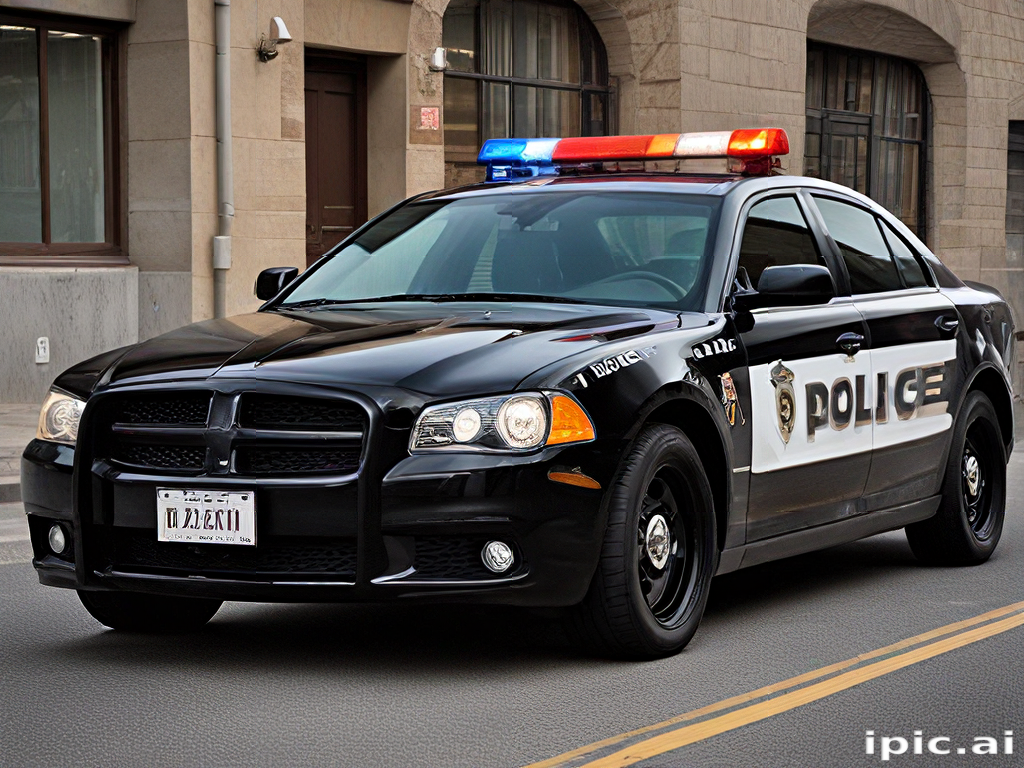 Police Car with Flashing Lights Driving Through City Streets in Daylight