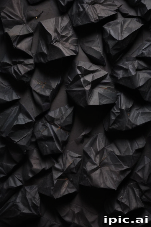Abstract Composition of Crumpled Black Paper Textures on a Dark Surface