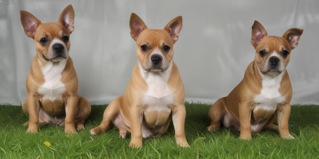 Three Adorable Dogs Sitting Together on Green Grass Background.