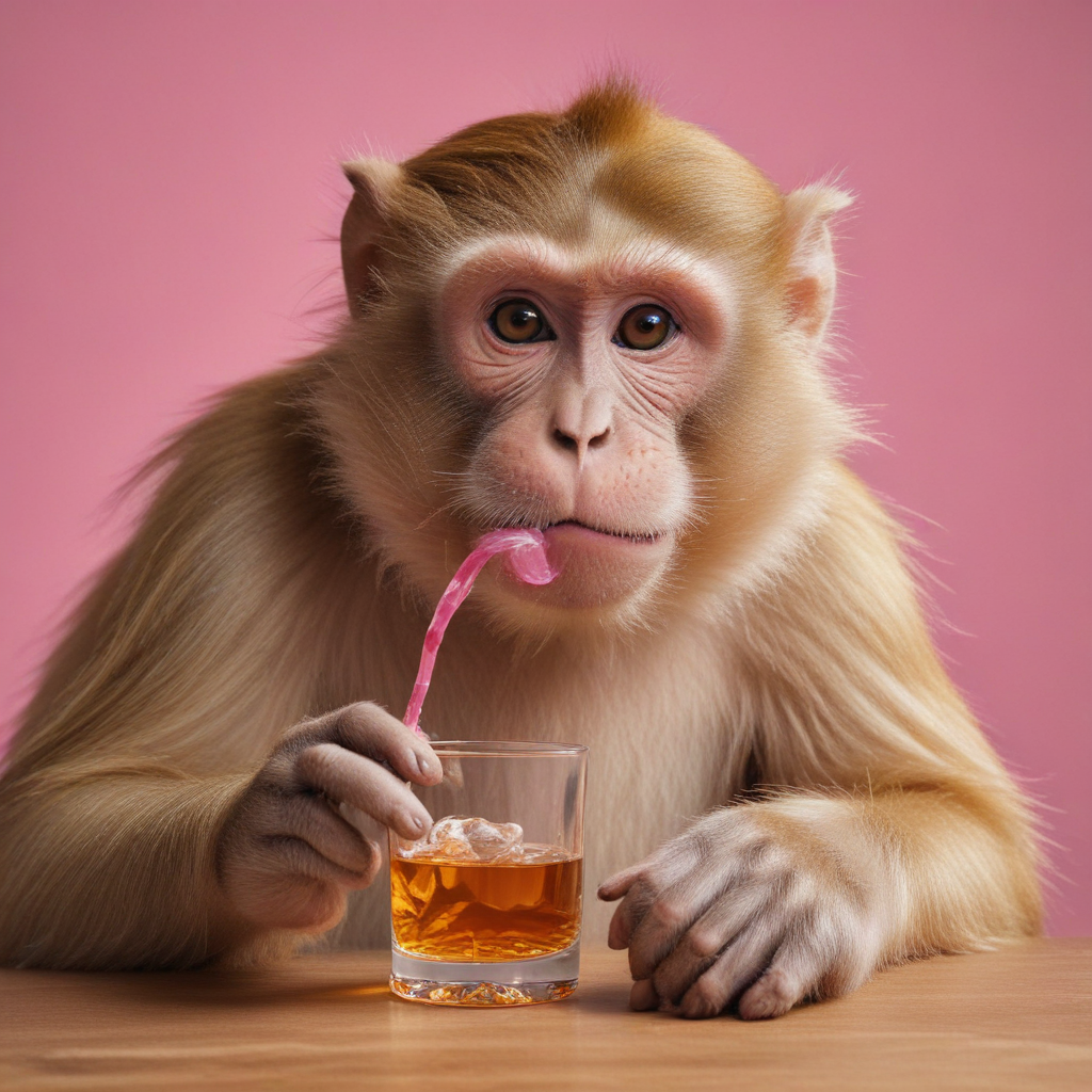 monkey in pink drinking whiskey