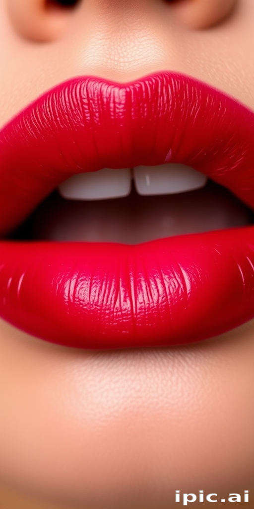 Close-Up of Glossy Red Lips Highlighting Vibrant Color and Texture Details