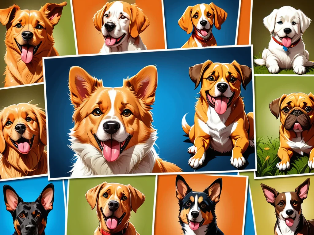 A Colorful Collage of Happy Dogs Smiling in Various Poses and Backgrounds