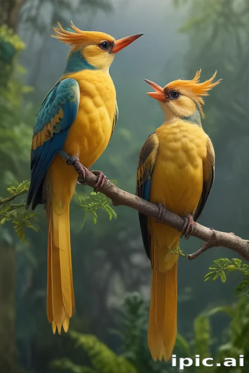 Two Colorful Tropical Birds Perched on a Branch in a Lush Forest.