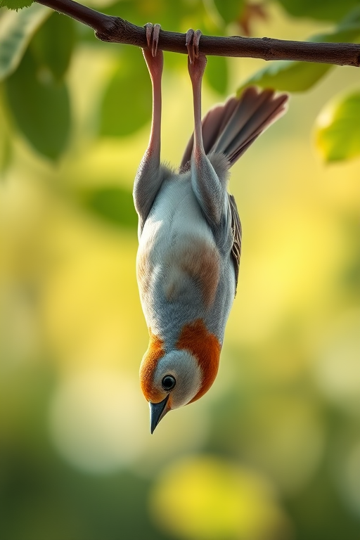 Create a highly detailed illustration of a bird hanging upside down on ...