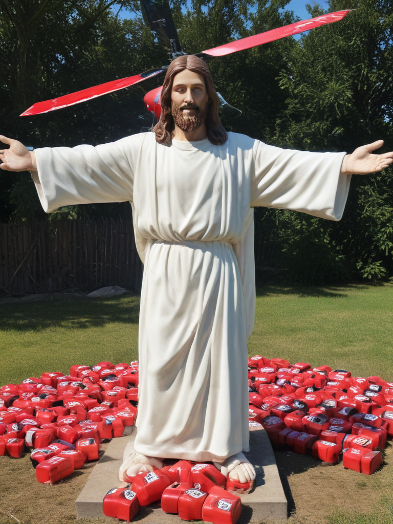 jesus standing infront of a helicopter made of coke bottles