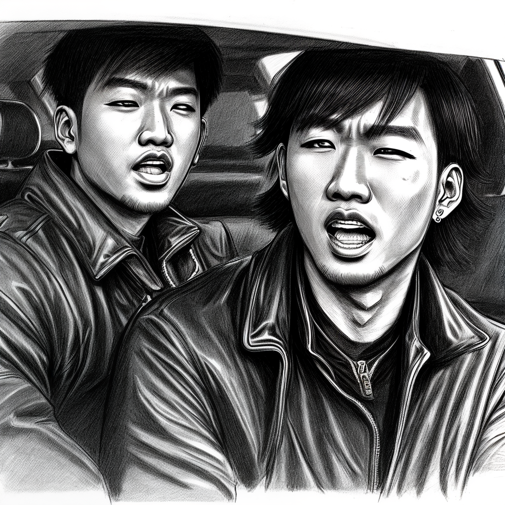 ASIAN RAPPER SINGING IN THE SPORT CAR. CLOSE-UP. COMIC BOOK. SKETCH ...