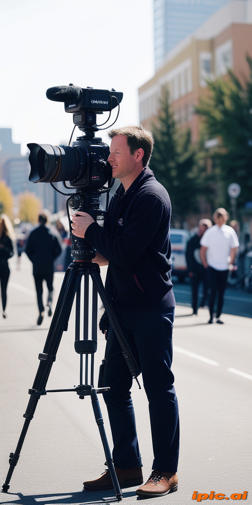 Professional Cameraman Setting Up Equipment for Outdoor Filming in ...