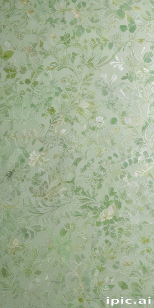 Delicate Green Floral Pattern with Varied Leaves and Blossoms in Soft Tones