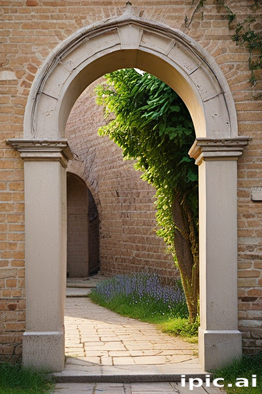 Charming Stone Archway Framing a Lush Green Pathway in a Quiet Garden