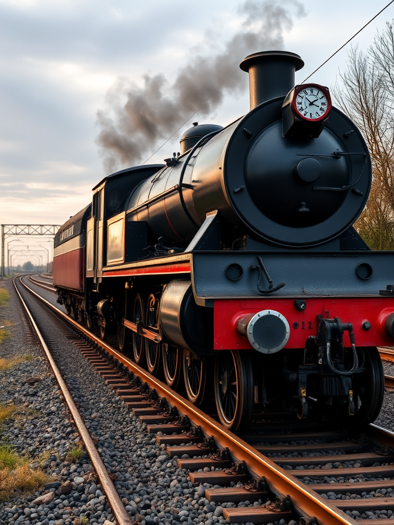 Vintage Steam Locomotive Chugging Along a Scenic Railway at Sunset