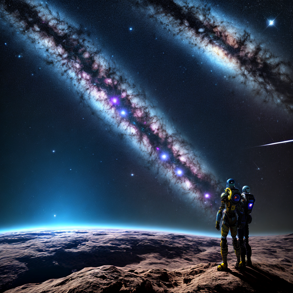 a humanoid robot stand beside a man on an exoplanet and both look up at ...