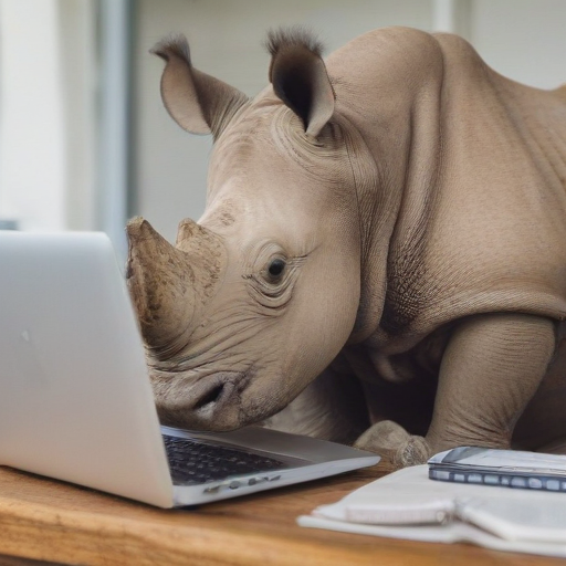 rhino at a computer