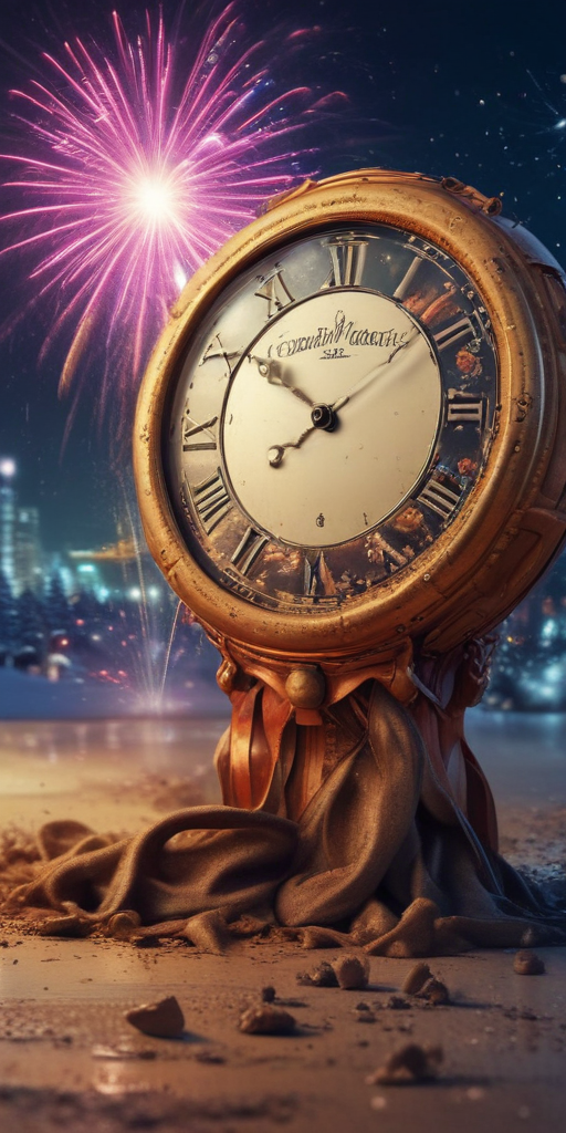 A Majestic Clock Surrounded by Fireworks Against a Starry Night Sky