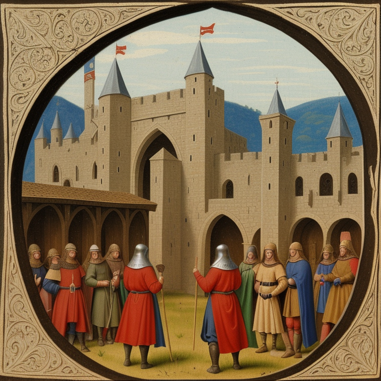 Medieval Gathering of Knights and Nobles in Front of a Fortress
