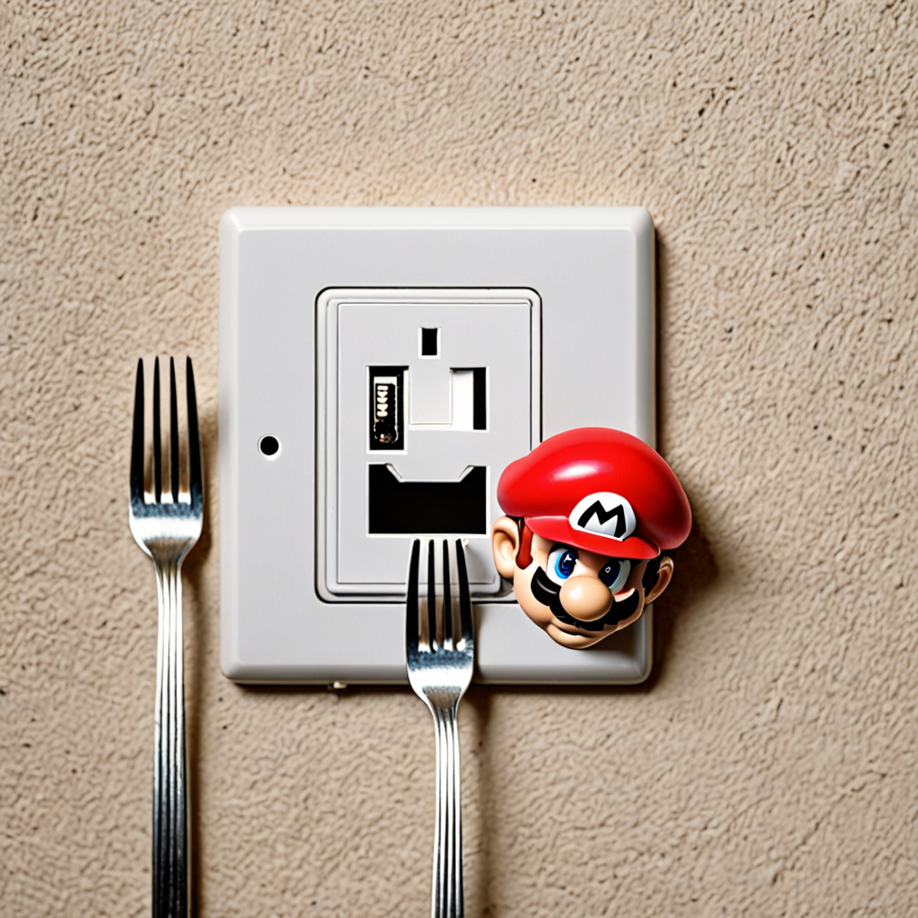 mario nintendo with a fork in an outlet