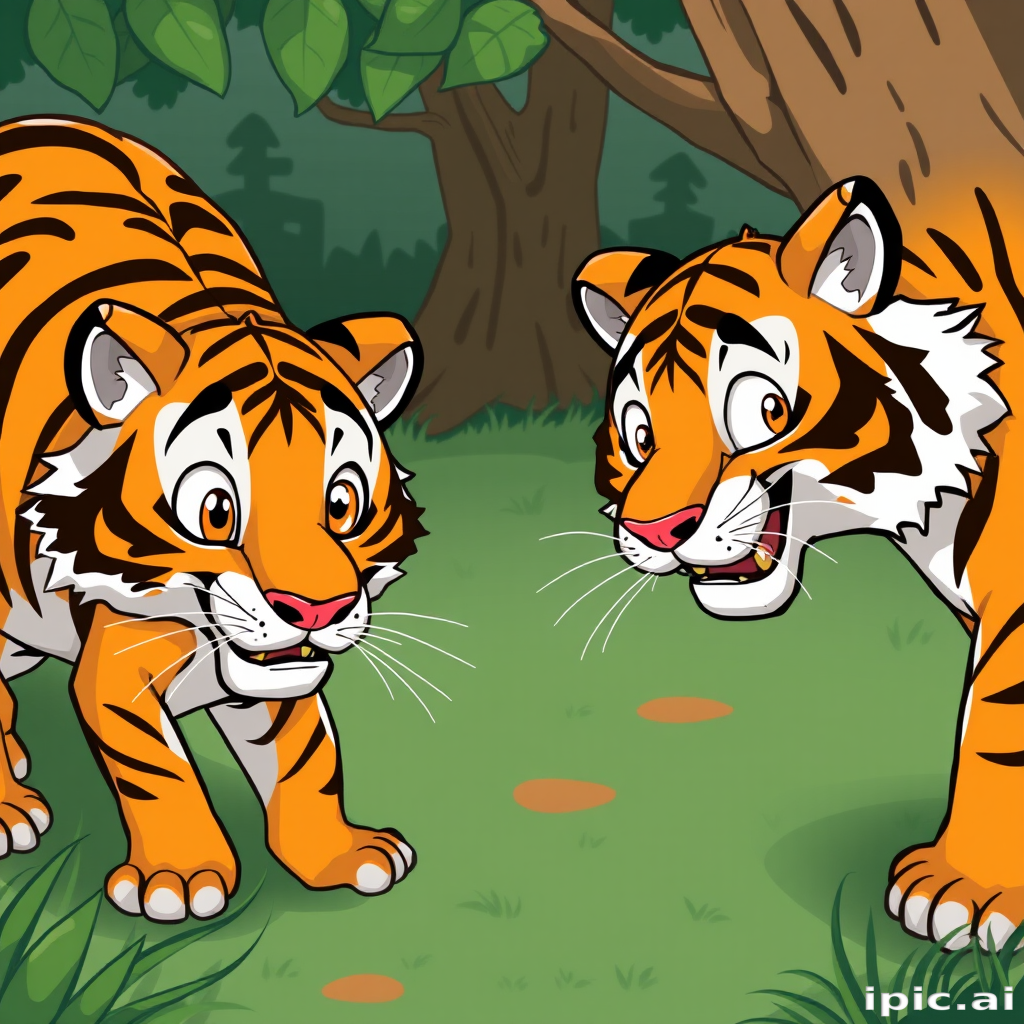 Two Playful Tigers Exploring Their Lush Green Forest Habitat Together