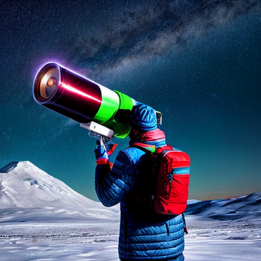 man is discovering space using a telescope in the middle of snow field ...