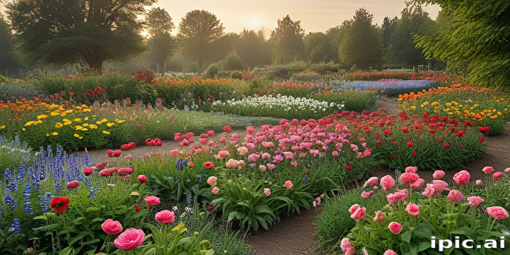 Colorful Flower Garden in Full Bloom During a Beautiful Sunrise Morning