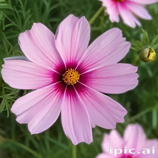 Delicate Pink Cosmos Flower Blooming in a Lush Green Garden Setting