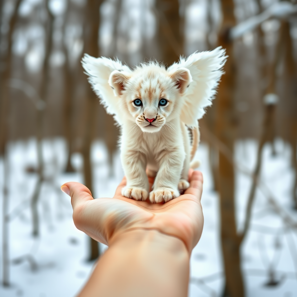A Magical Scene of a Winged Snowy White Lion Cub in Nature