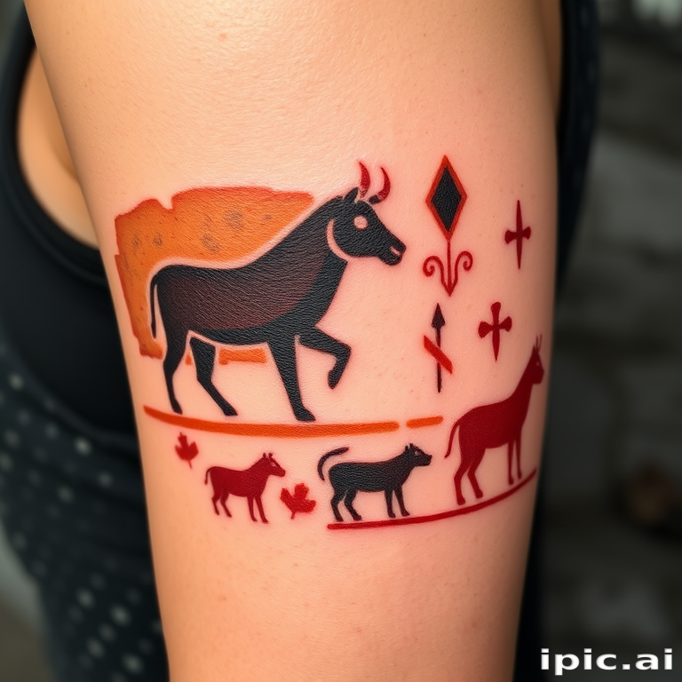 Artistic Tattoo Depicting Animals and Geometric Designs in Vibrant Colors