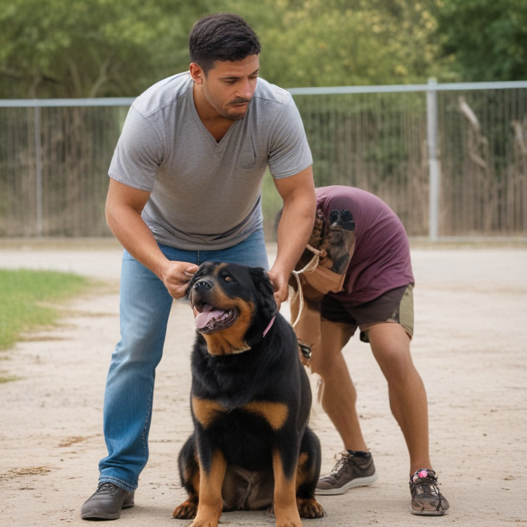 a Puerto rican man playing with a Rottweiler
