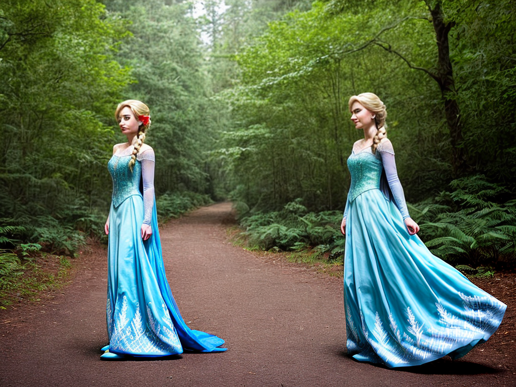 Frozen elsa in enchanted forest in sunset
