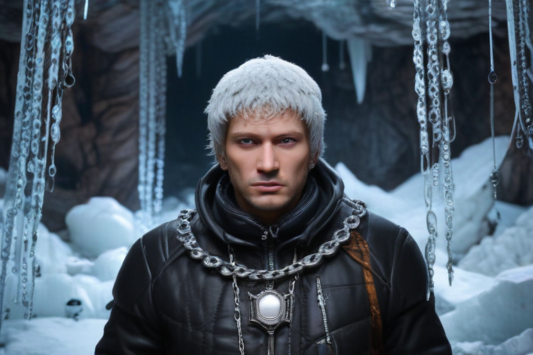 esdeath surrounded by ice and chains in an underground cavern