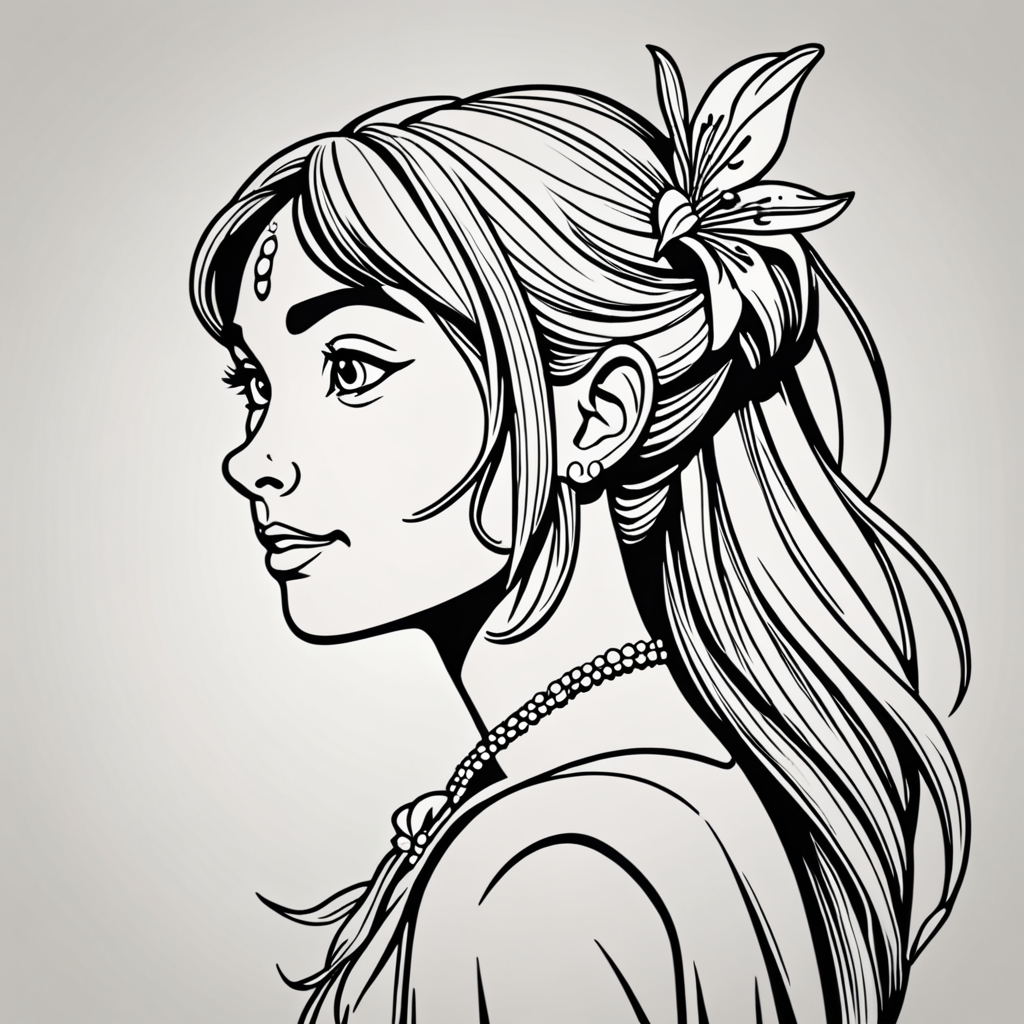 Tiger Lily from cartoon Peter Pan line art. Profile view.