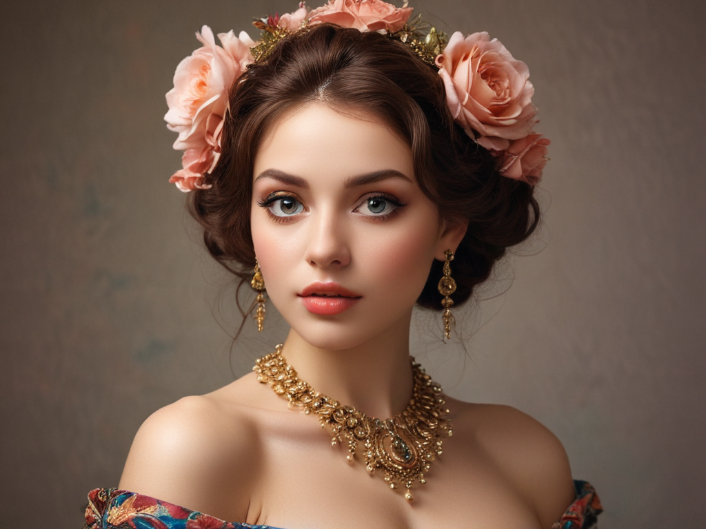 Elegant Portrait of a Young Woman Adorned with Flowers and Jewelry