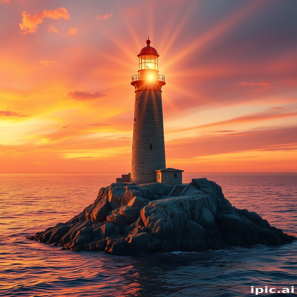 Radiant Lighthouse Standing Tall Against a Stunning Sunset Over Ocean Waves