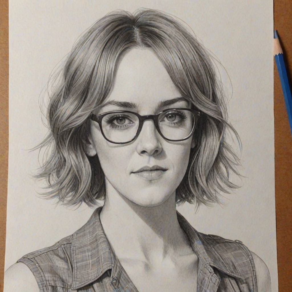Intricate Pencil Drawing of a Young Woman with Glasses and Stylish Hair