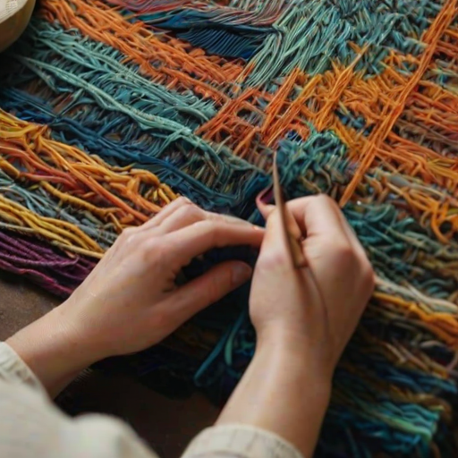 Artisan Hand Weaving Colorful Threads into a Beautiful Textile Creation