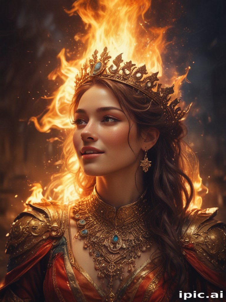 Majestic Queen Surrounded by Flames, Radiating Power and Strength