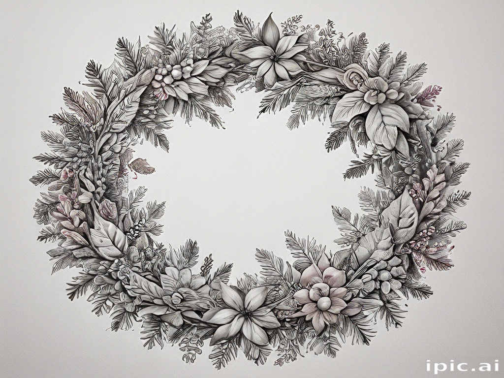 Intricate Floral Wreath Design Featuring Various Plants and Blossoms in ...