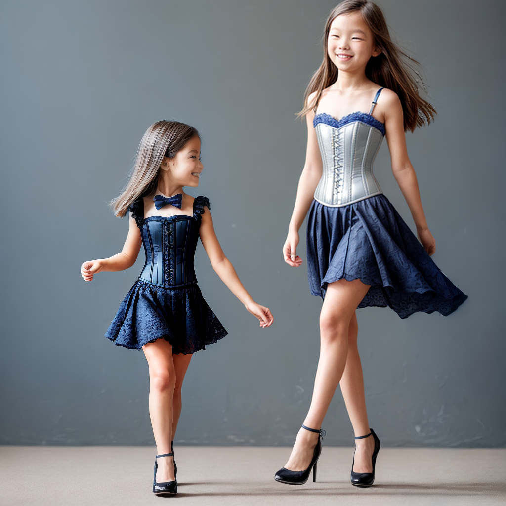 elementary school student walking, narray corset, high heeled stilettos