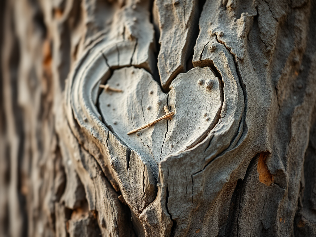 Intricate Heart Carving on a Weathered Tree Trunk Revealing Nature's Beauty