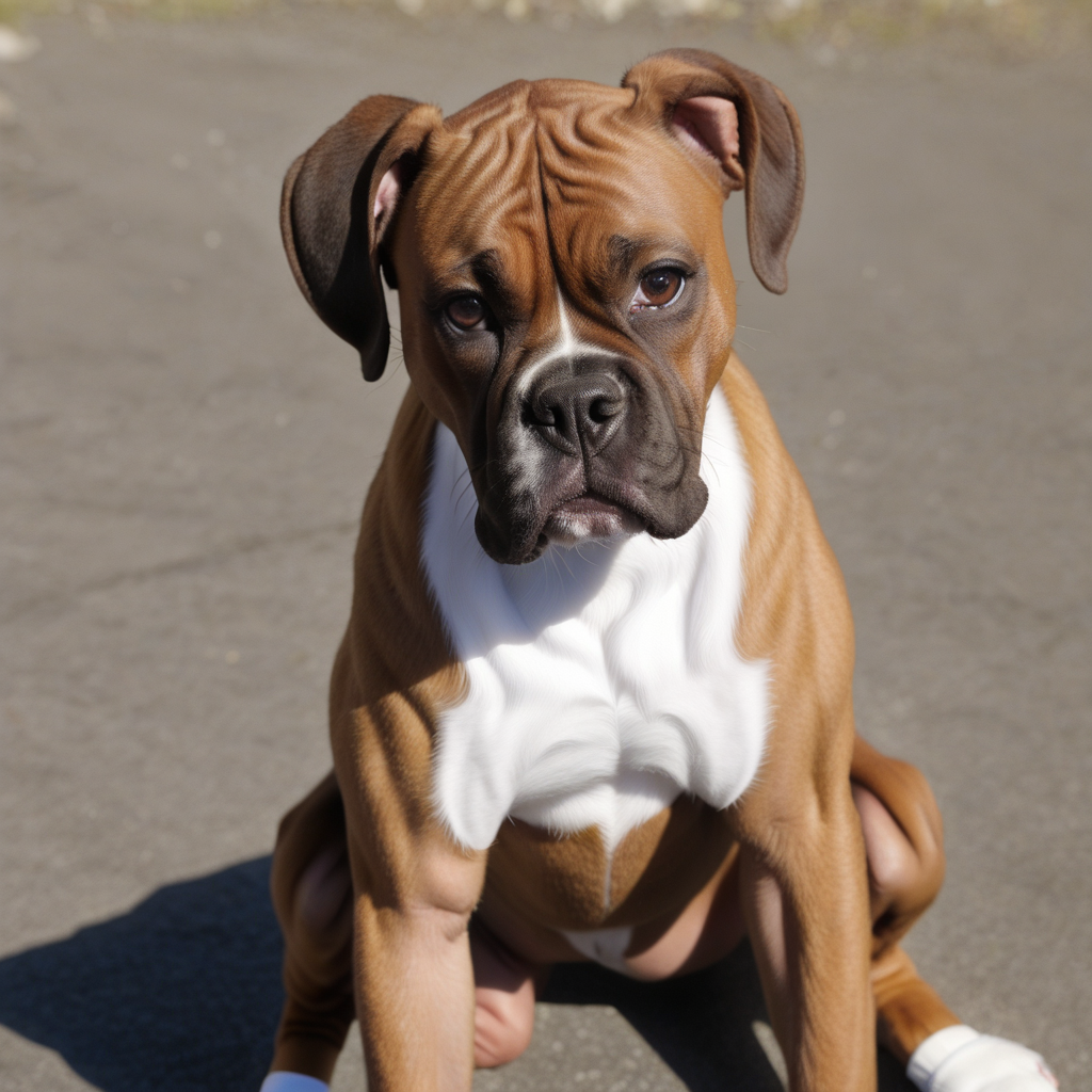 A Playful Boxer Dog Sitting Calmly on a Sunny Pavement Surface.