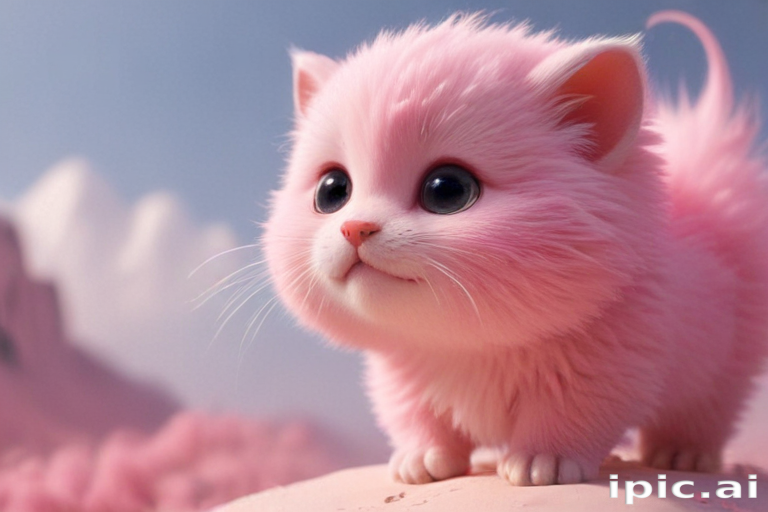A Cute, Fluffy Pink Kitten Exploring a Whimsical, Colorful Landscape.