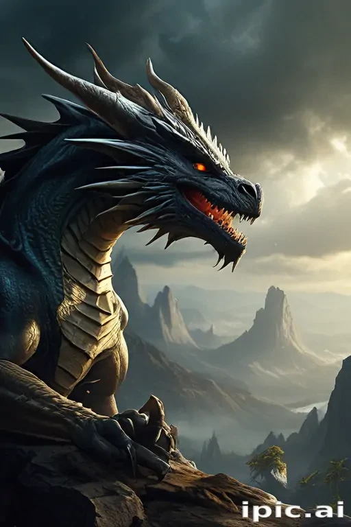 Majestic Dragon Overlooking a Mystic Landscape Under Dramatic Stormy Skies