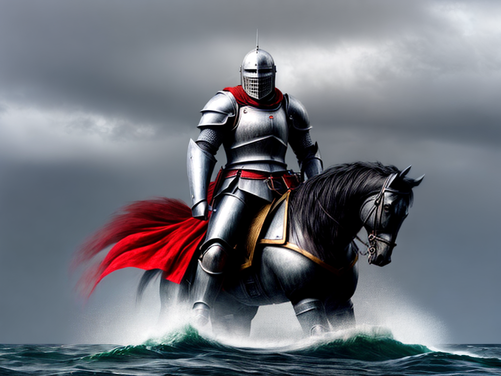 bald and bearded knight in armor, facing dark stormy sea
